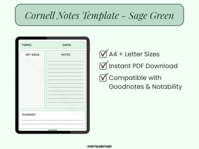Sage Green Cornell Notes Template: Printable PDF, Goodnotes ...