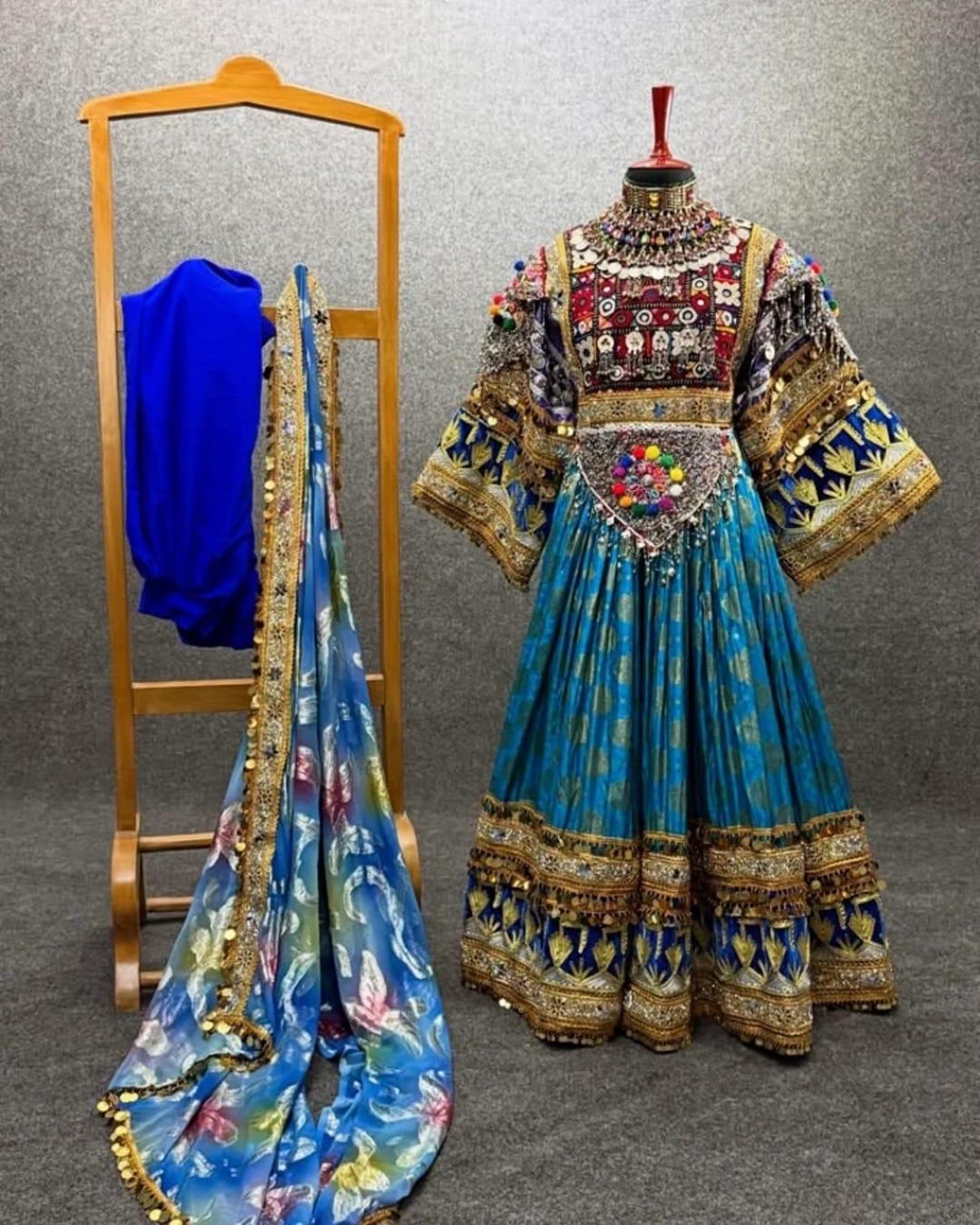 Handmade Traditional Afghan Kuchi Dress | Blue Embroidered Gown With ...
