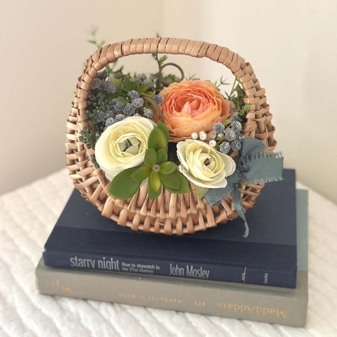 Rustic Faux Flower Basket – Ranunculus, Succulents, Ribbon – Small ...
