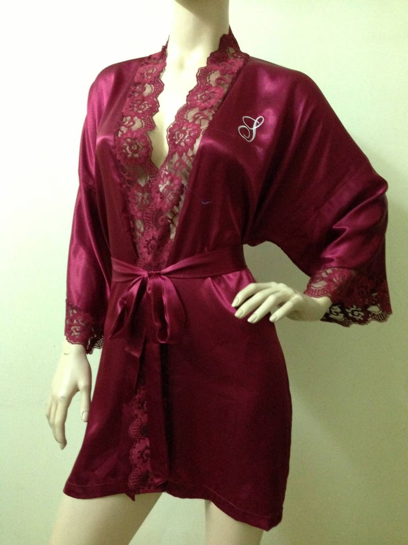 Silk Satin Kimono Robe in Burgundy Red with Lace Short Kimono | Etsy