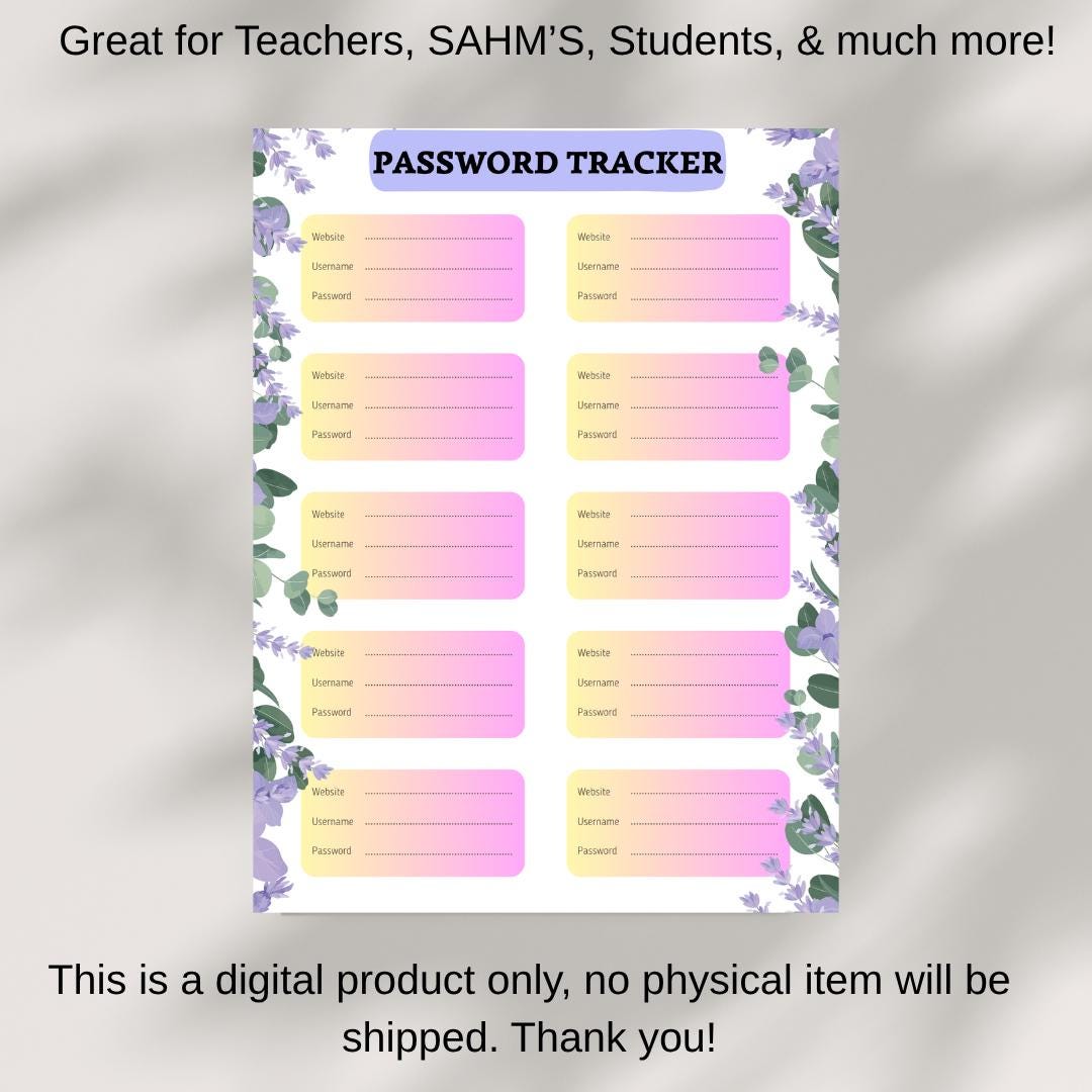 INSTANT DOWNLOAD| Printable Password Tracker| Password Log| Password ...