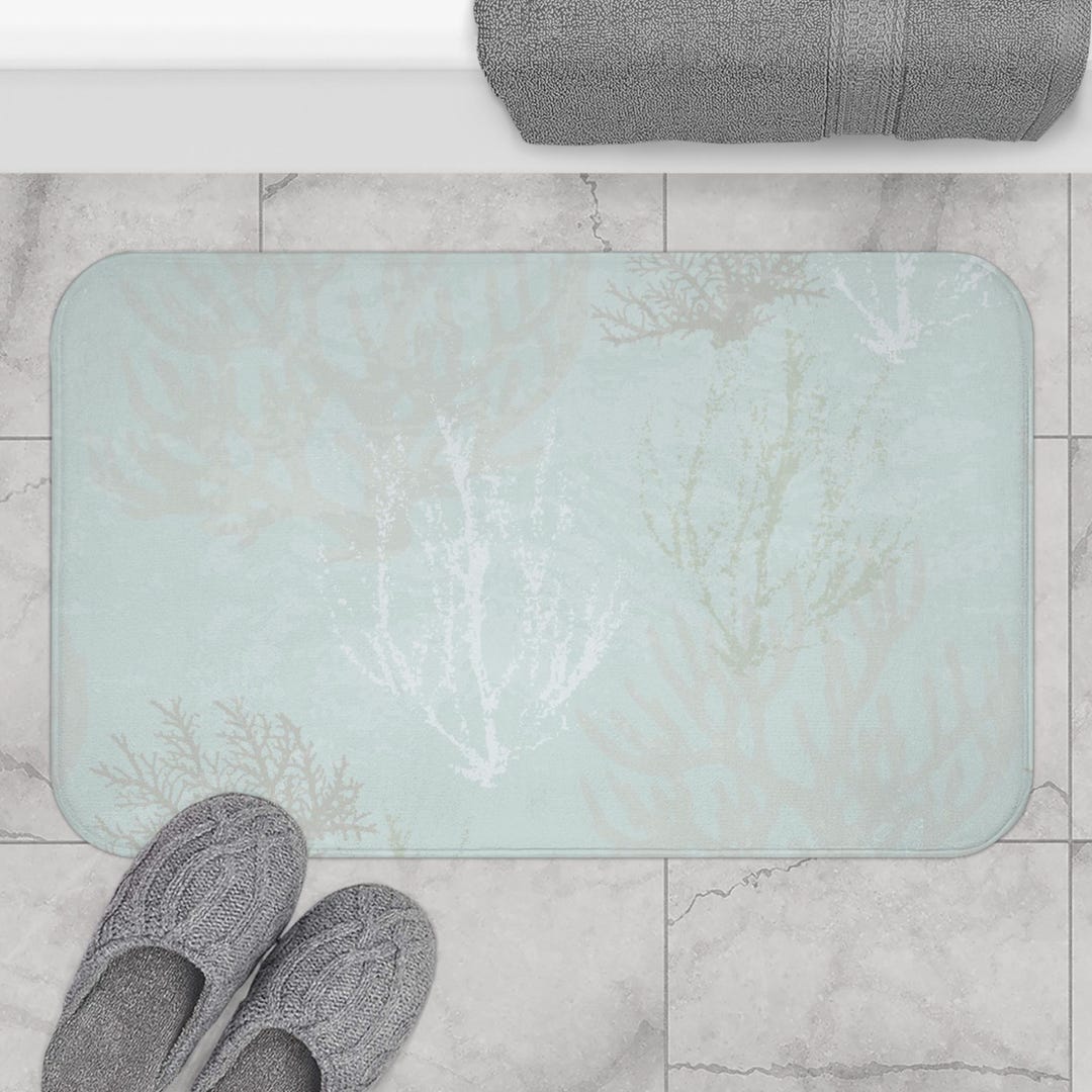 Coastal Coral Reef Bath Mat, Seafoam Aqua Blue Bathroom Decor, Ocean ...