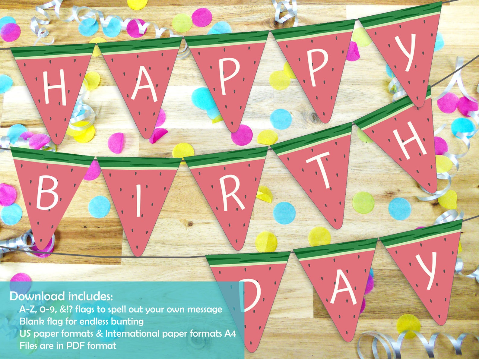 Watermelon Banner Flags Printable, Happy Birthday Fruit Bunting ...