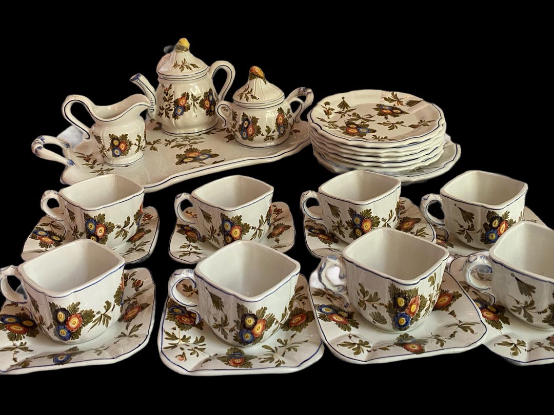 1983 Italian Hand-painted Floral Majolica Tea Service, (28 Pcs), 1983 ...
