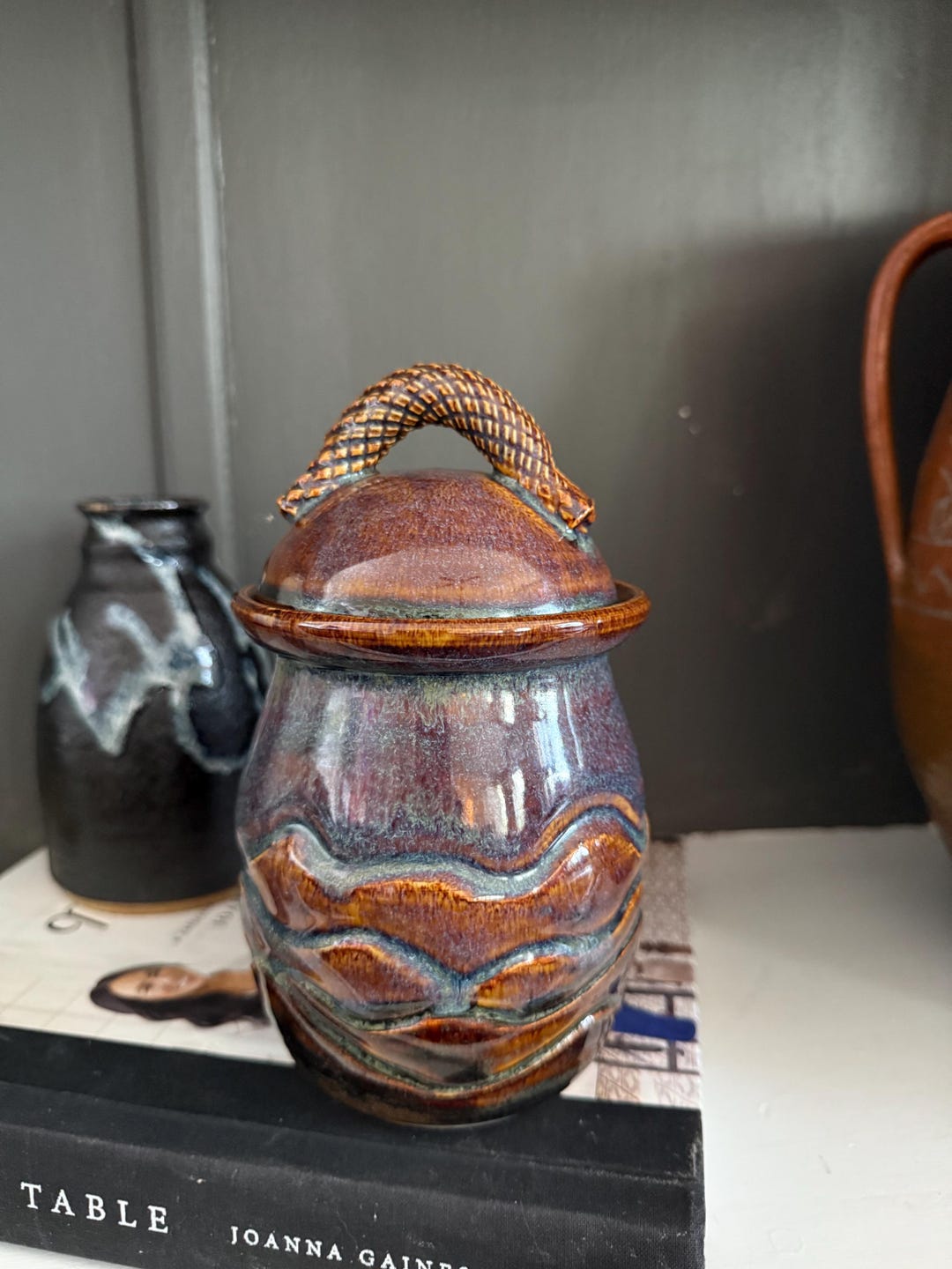 Handmade Studio Pottery Jar With Lid – Textured Wavy Relief, Brown ...
