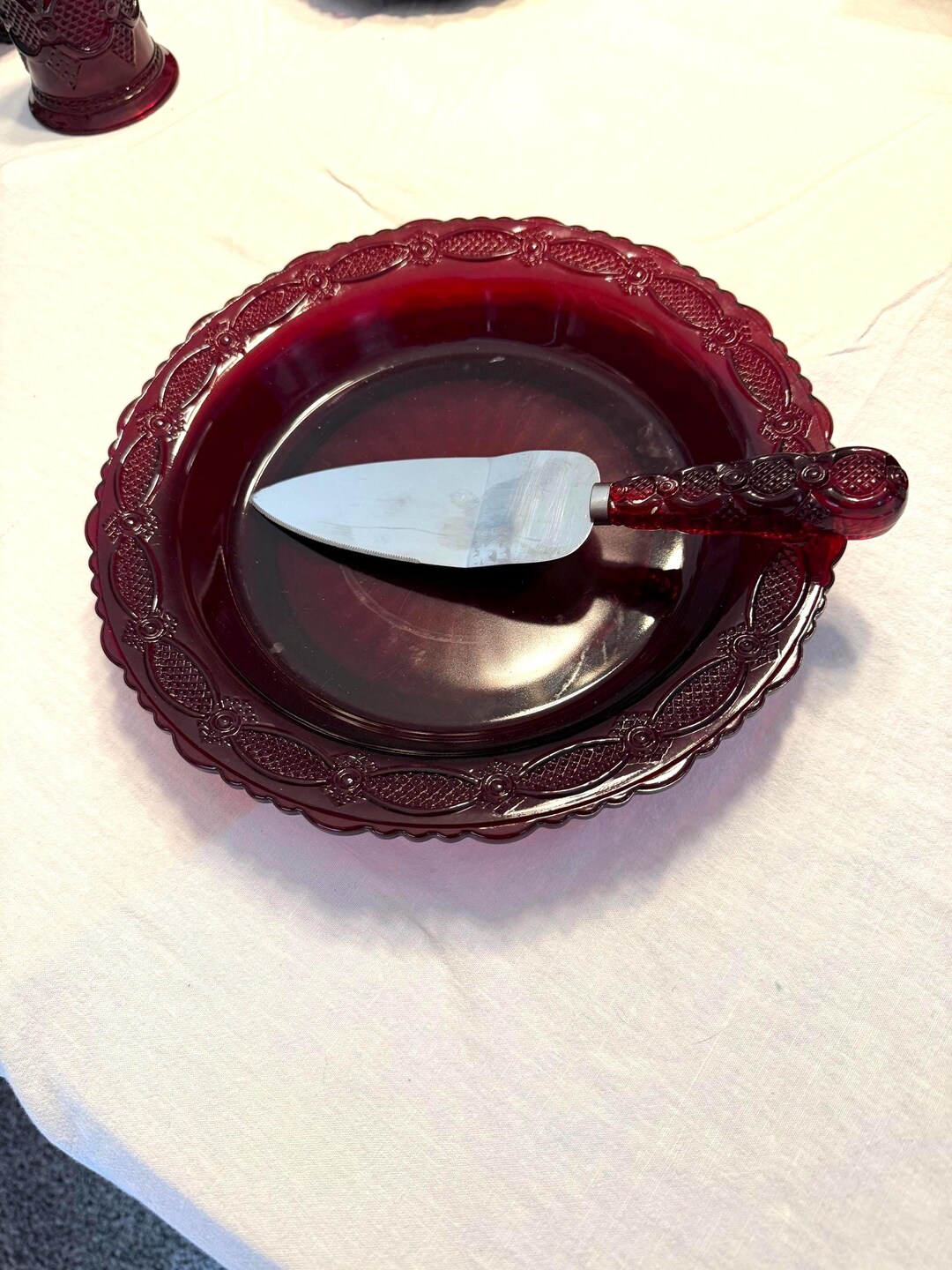 Avon Cape Cod Ruby Red Glass Pie Plate With Cutter Server | Vintage ...