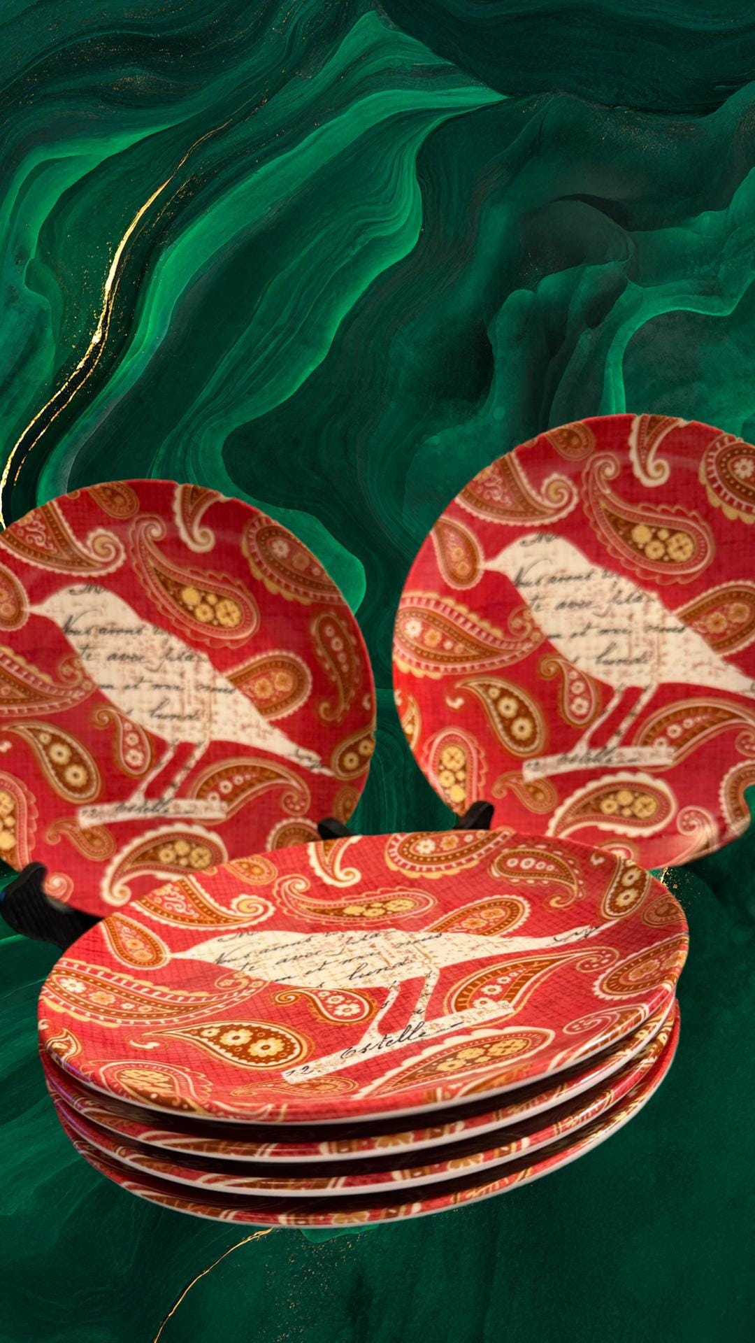 Pier 1 “red Paisley Bird” Dessert Plates Set of Four, 8” Porcelain,boho ...