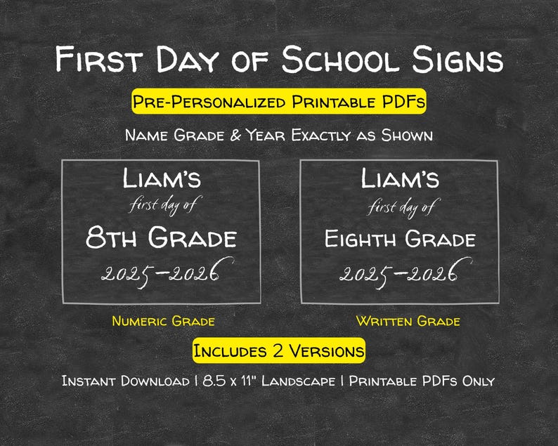 Personalized 8th Grade Chalkboard Sign: Liam's First Day (digital ...
