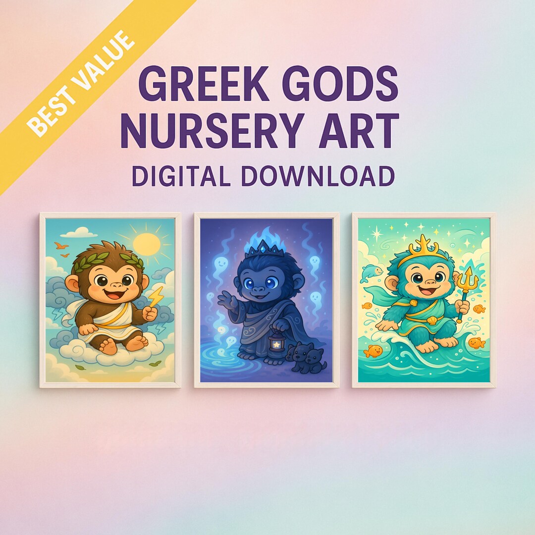 Baby Gorilla Greek Gods Nursery Wall Art Bundle Zeus Poseidon Hades ...