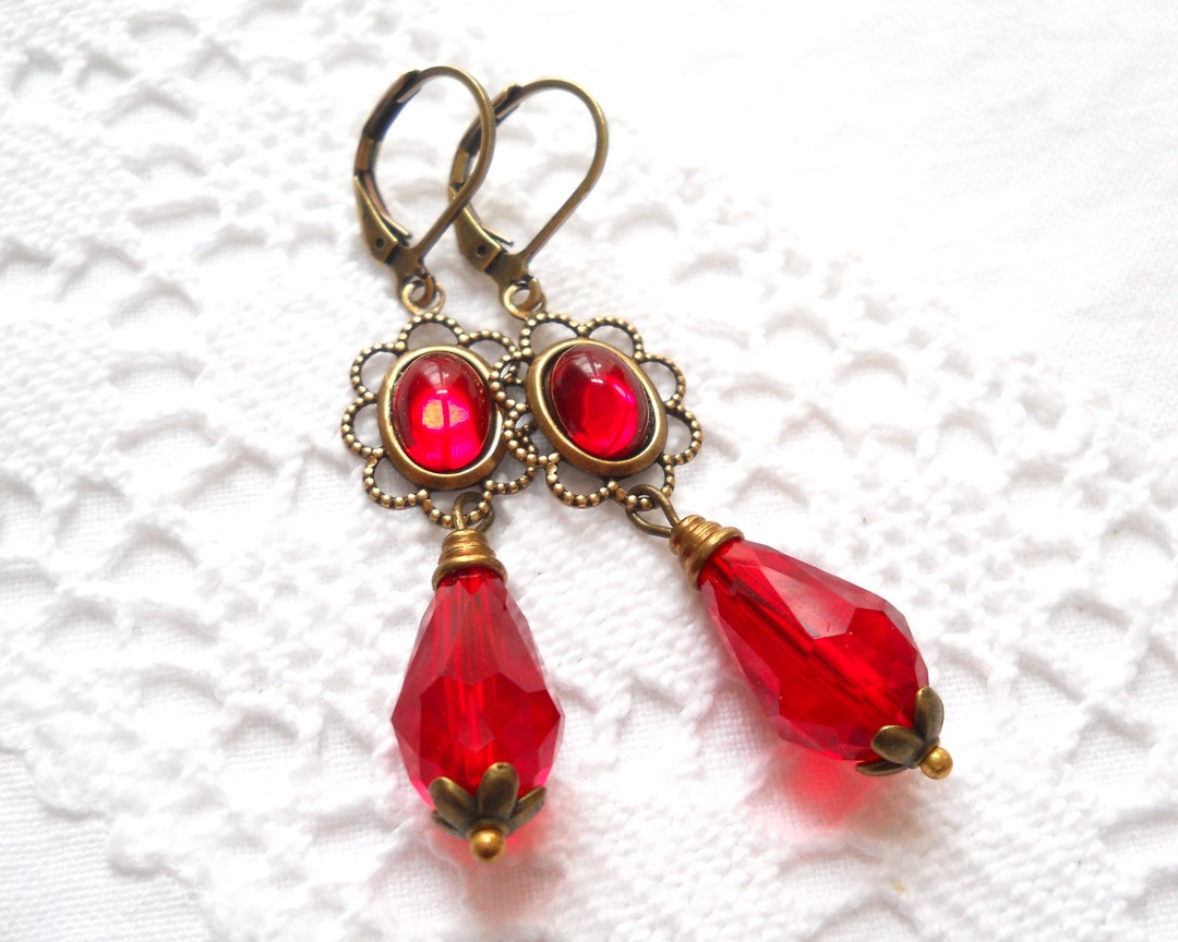 Bright Red Dangle Earrings, Red Victorian Teardrop Earrings - Etsy