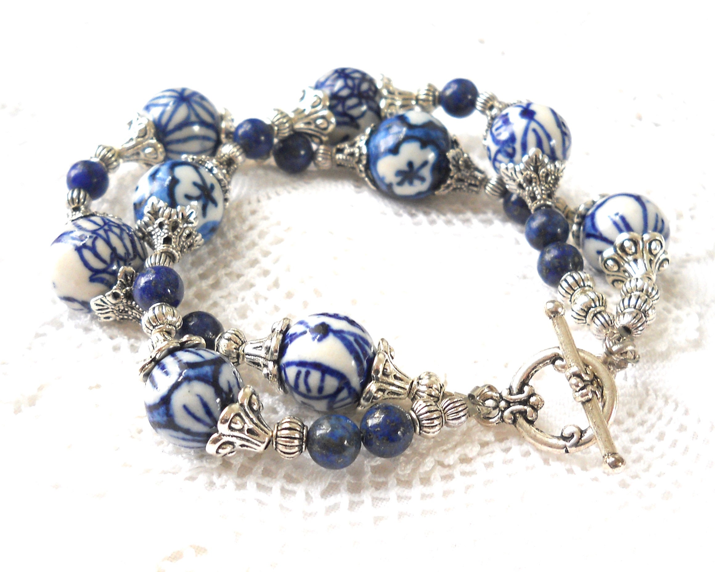 Delft Blue Double Strand Bracelet, Blue and White Porcelain Jewelry ...