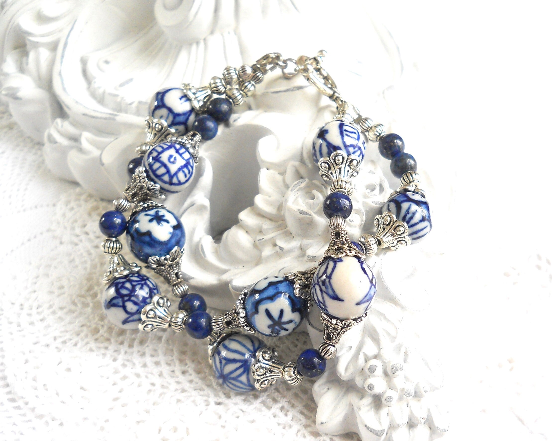 Delft Blue Double Strand Bracelet, Blue and White Porcelain Jewelry ...