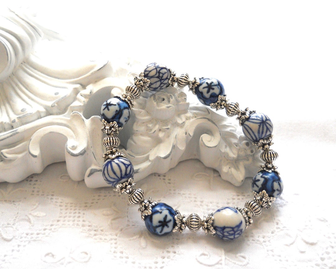 Delft Blue Beaded Stretch Bracelet Porcelain Bracelet Delft Blue ...