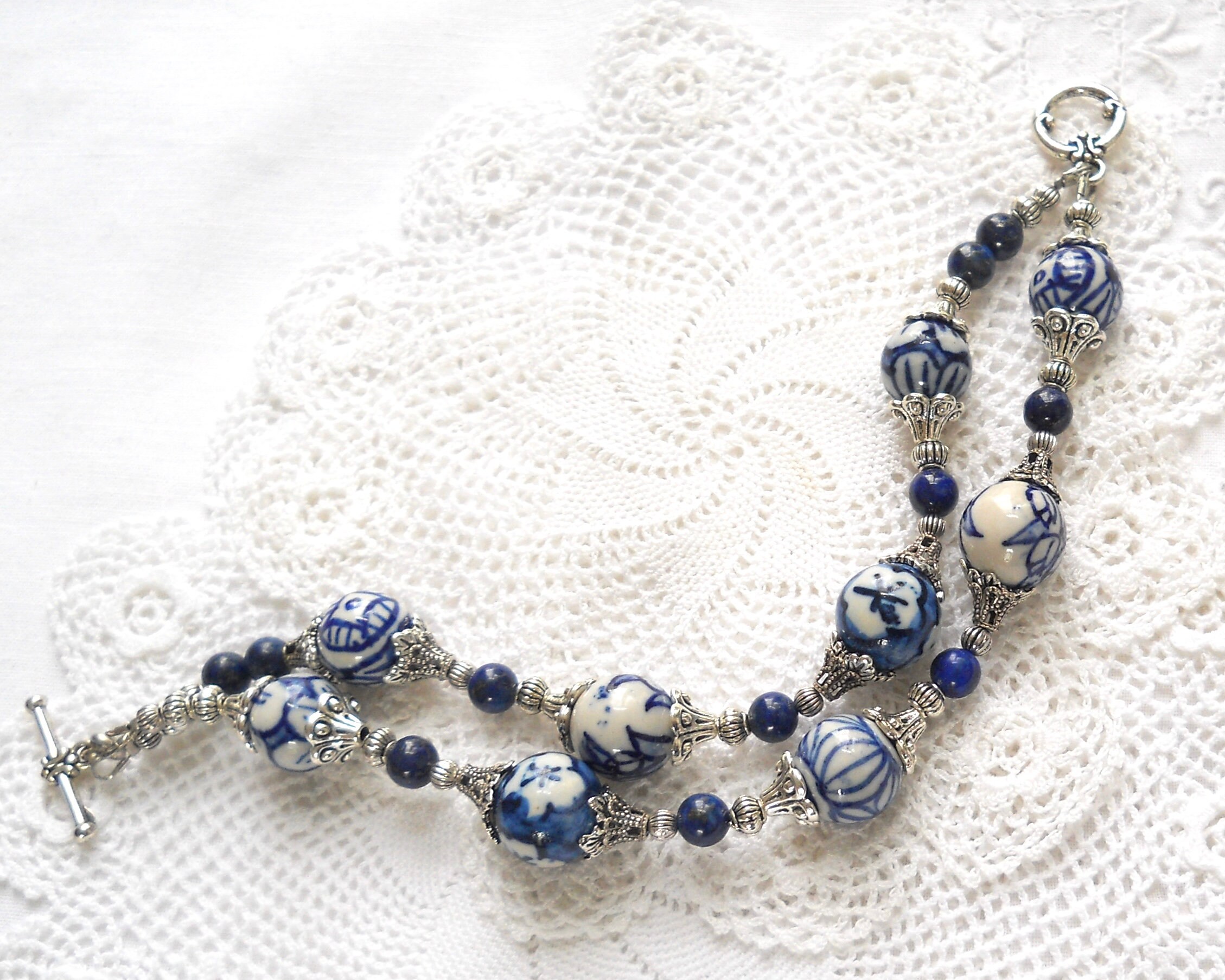 Delft Blue Double Strand Bracelet, Blue and White Porcelain Jewelry ...
