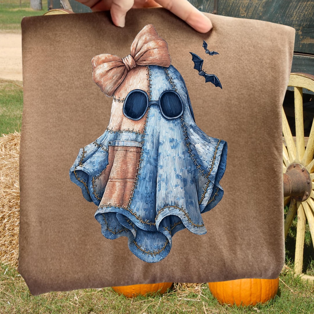 Retro Denim Ghost PNG: Patchwork Halloween Clipart (digital Download ...