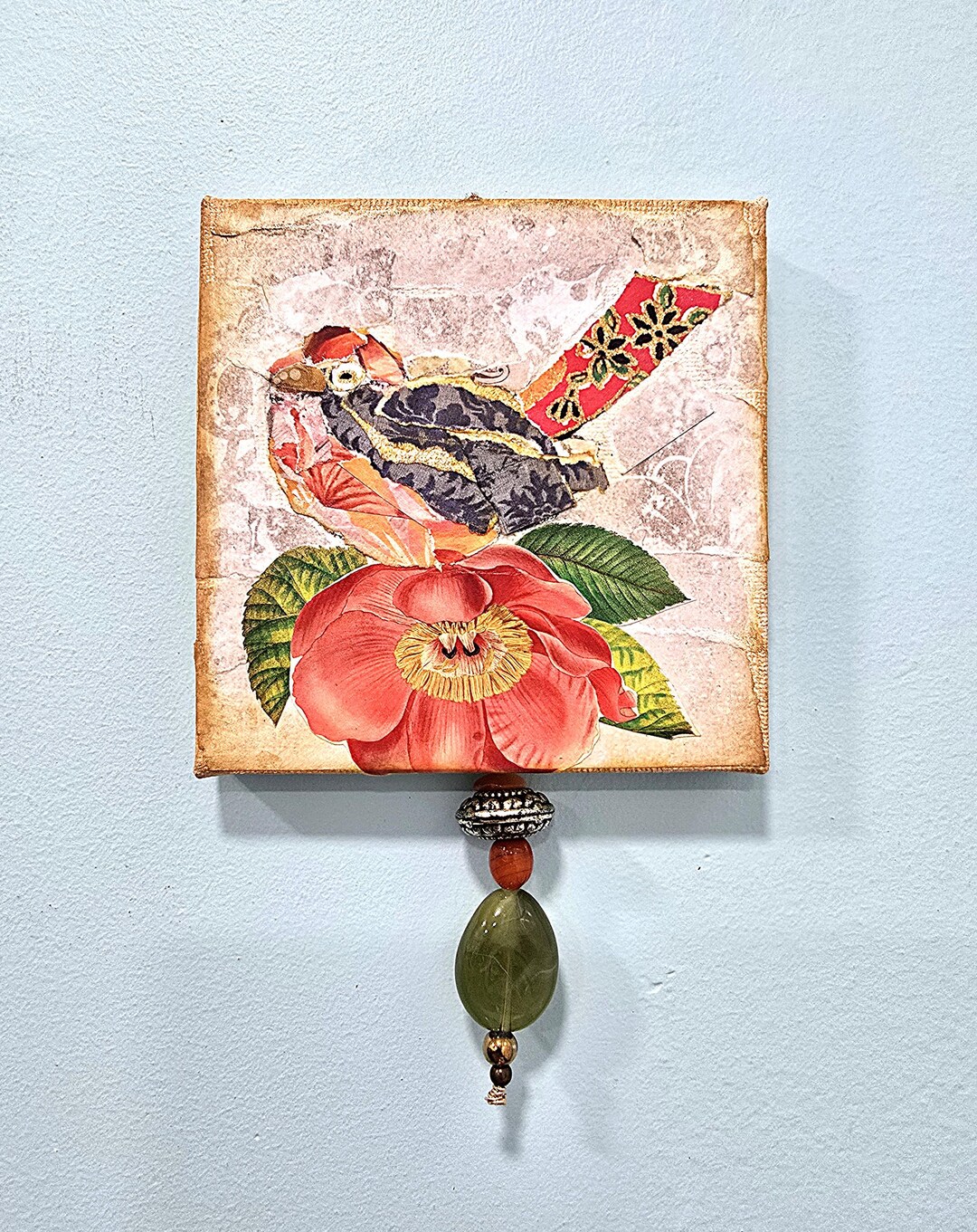 Torn Paper Art Collage | Little Bird & Flower | Original 4x4 Mixed ...
