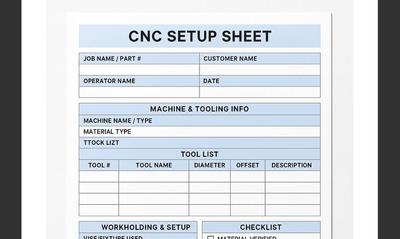 CNC Setup Sheet Template: Printable Machinist Worksheet (PDF Download ...