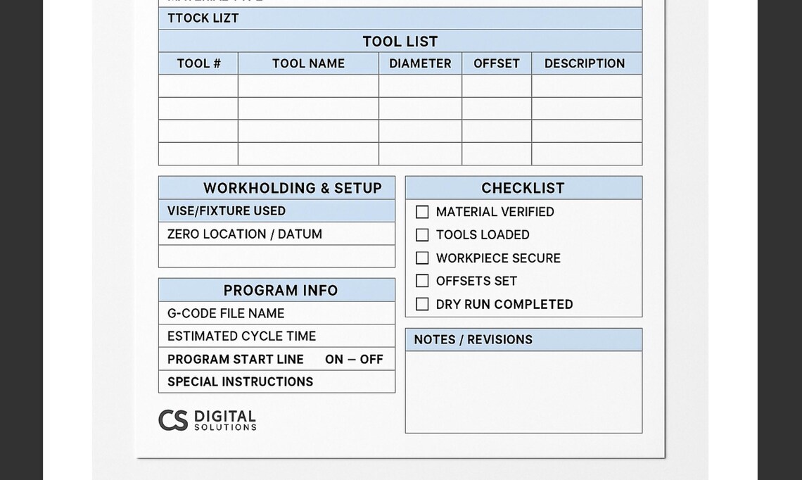 CNC Setup Sheet Template: Printable Machinist Worksheet (PDF Download ...