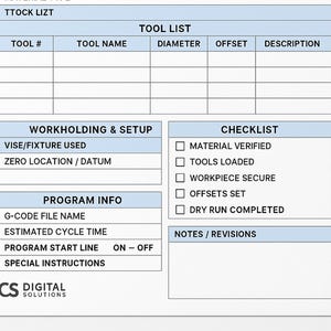 CNC Setup Sheet Template: Printable Machinist Worksheet (PDF Download ...