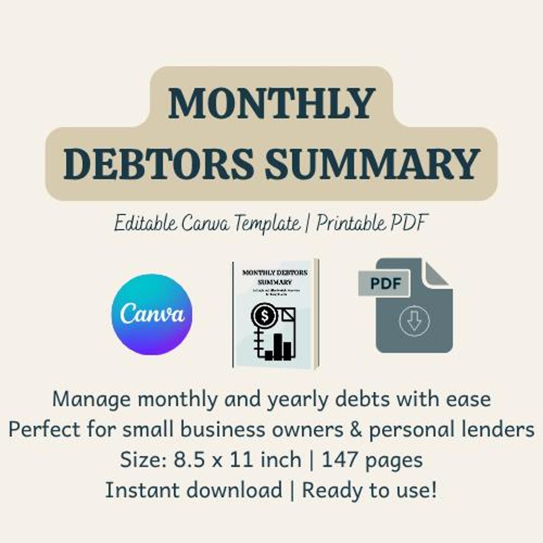 Monthly Debtors Logbook | Editable Canva Template, Printable PDF - Etsy