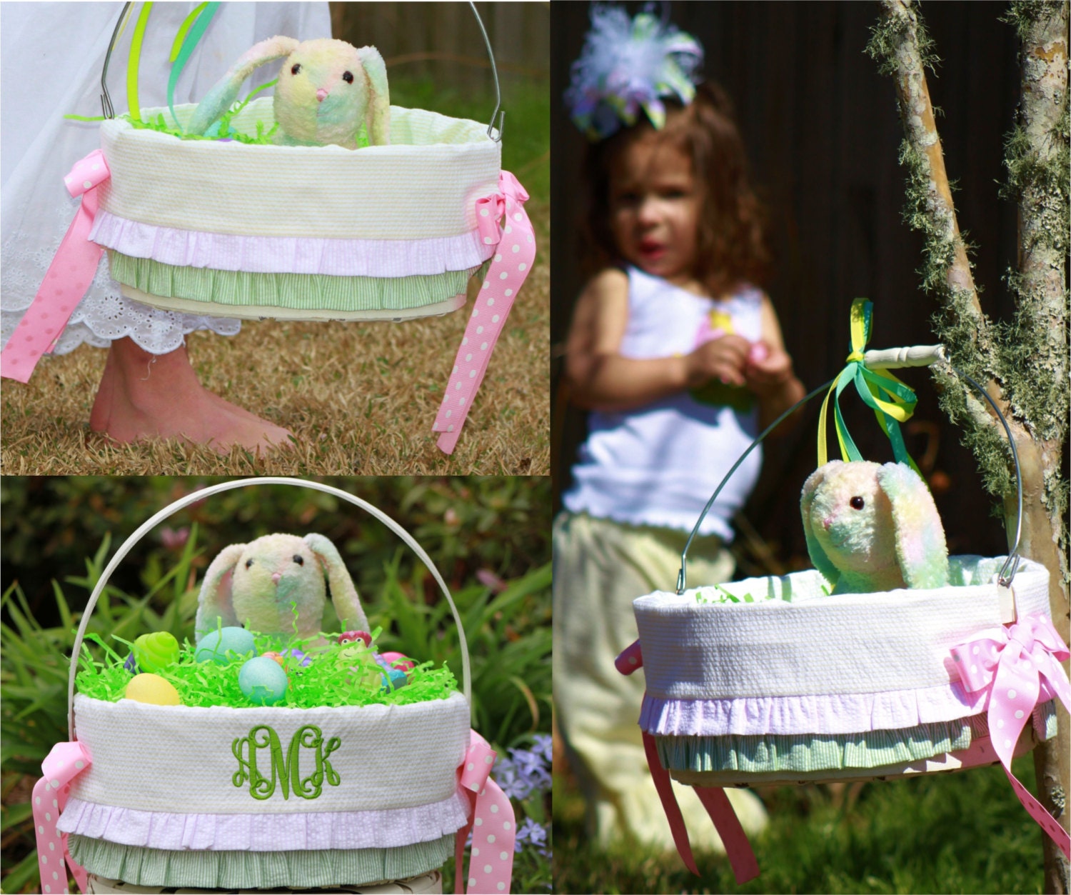 Monogrammed Girls Easter Basket Liner with Ruffles and Bows | Etsy