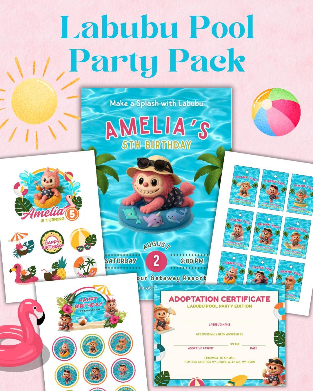 Labubu Pool Party Pack | Digital Download | Invitation, Cake & Cupcake ...