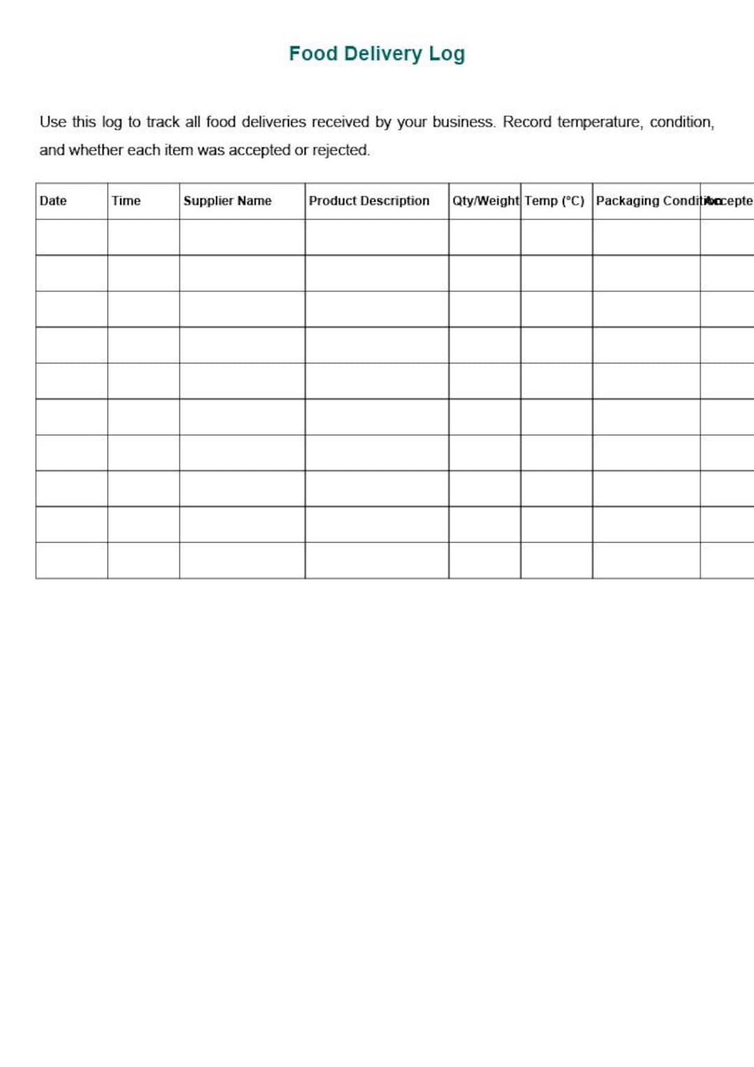 Food Delivery Log Template - Etsy