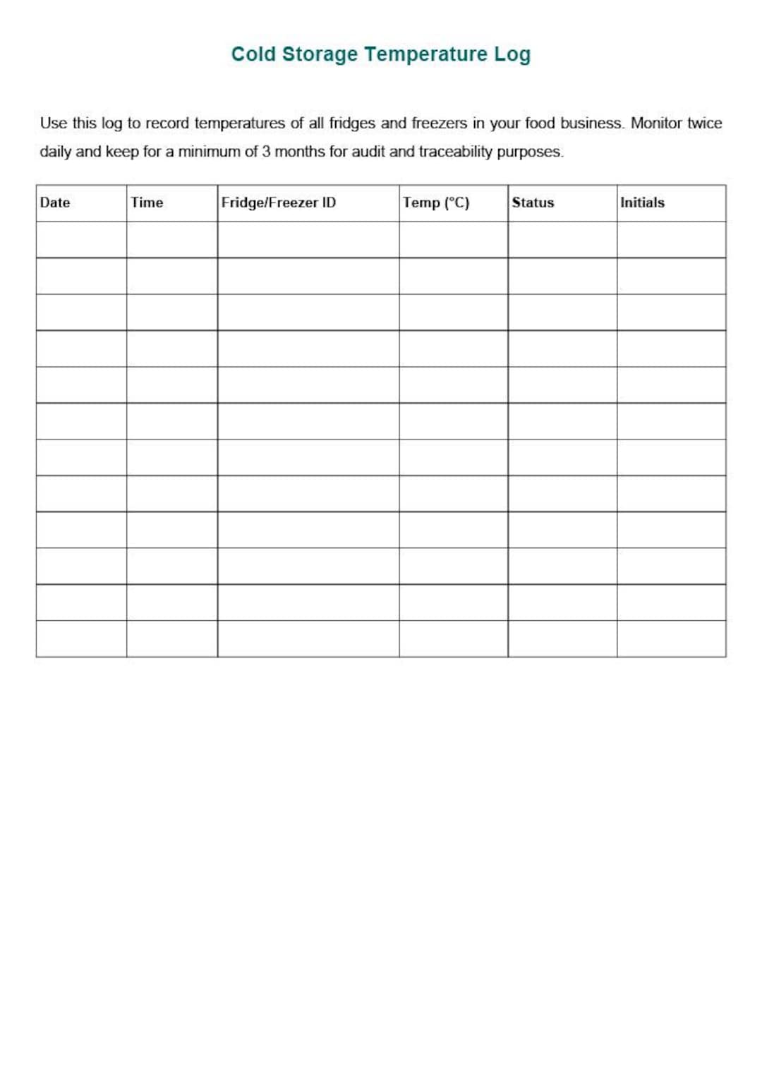 Cold Storage Temperature Log Template - Etsy Australia