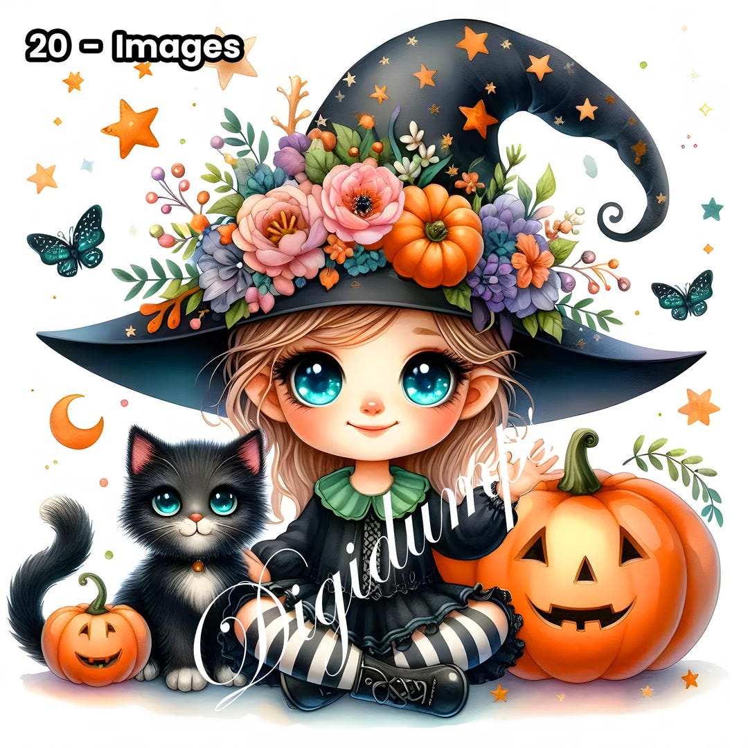 Watercolor Halloween Witch Gnome Clipart – Digital Download for Crafts ...