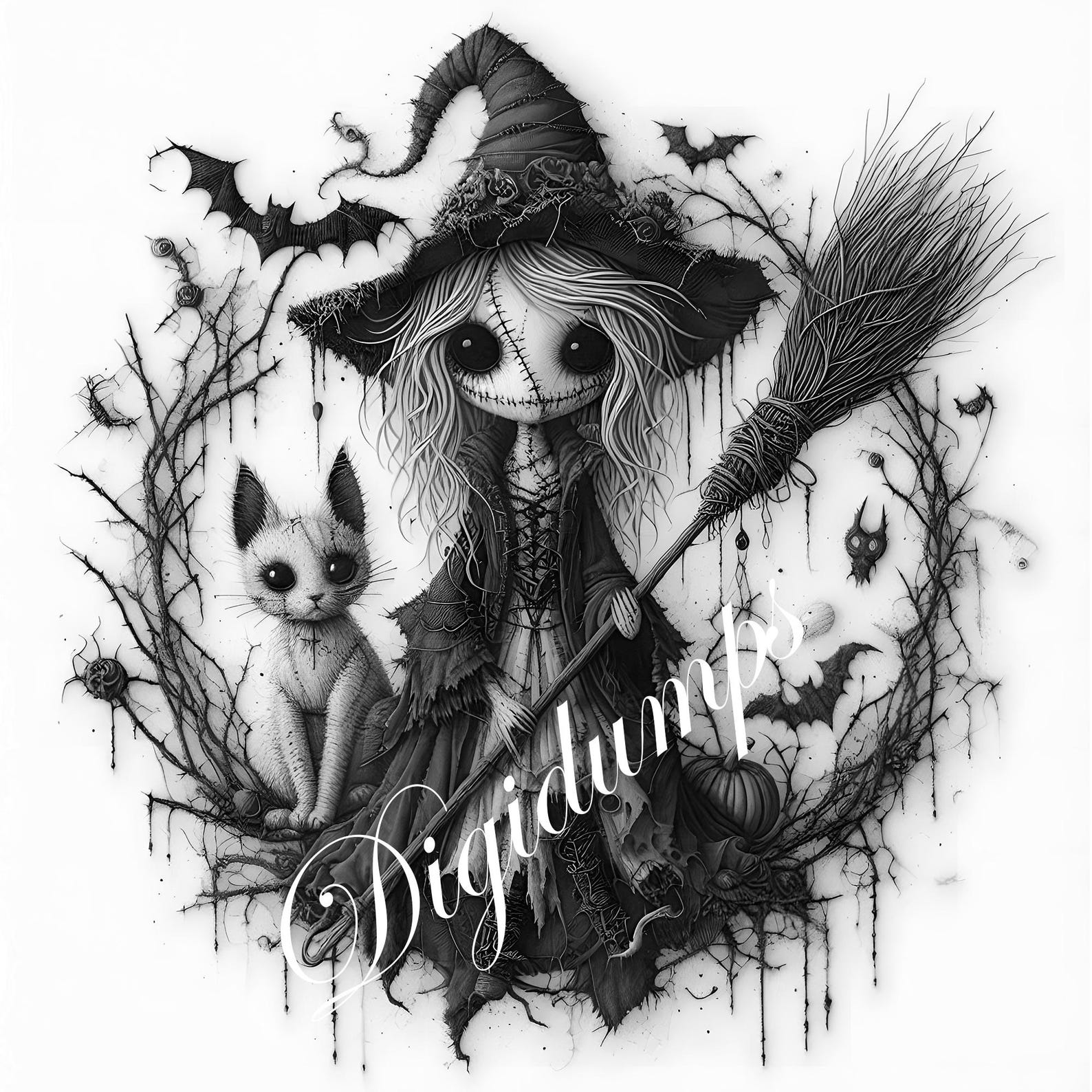 Halloween Gothic Witch Clipart – Haunting Stitched Doll Art With Black ...