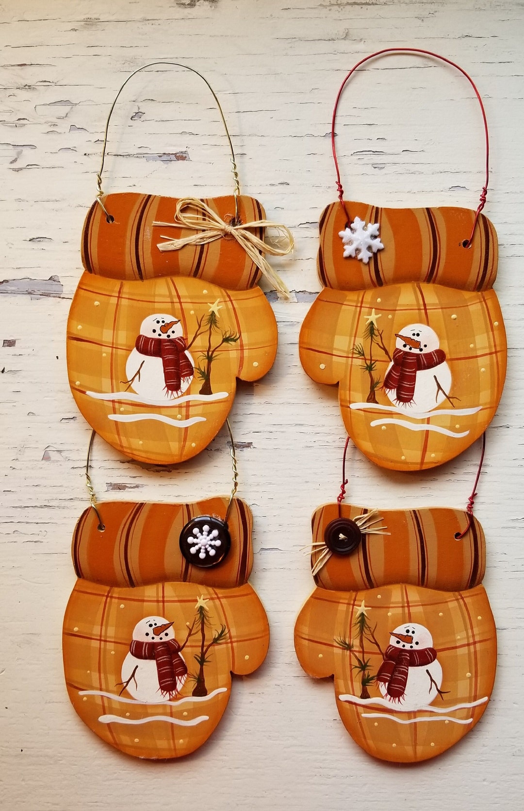 Snowman Ornament, Mitten Ornament, Hand Painted, Wood Ornament, Gift ...