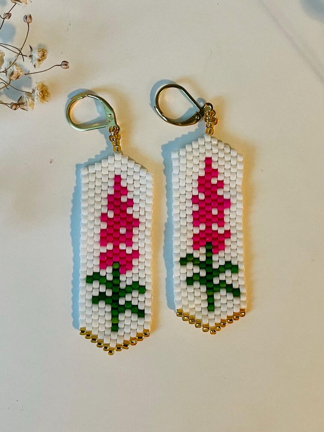 Dainty Beaded Earrings – Fireweed Flower Beaded Earrings With 18K Gold ...