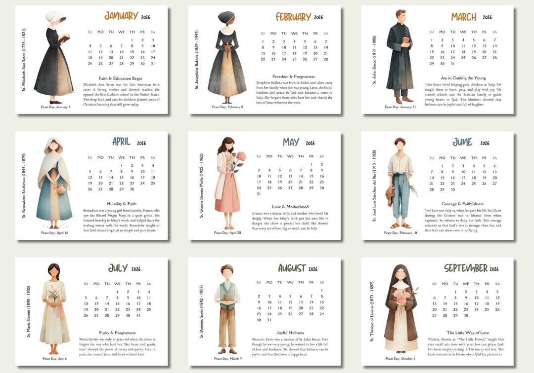 2026 Catholic Saints Calendar – Minimal Watercolor Holy Men & Women of ...