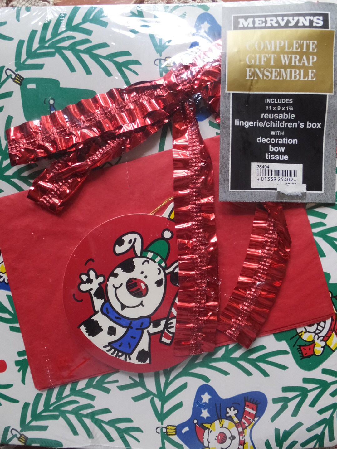 Vintage Christmas Mervyn's Complete Gift Wrap Ensemble Santa Puppy ...