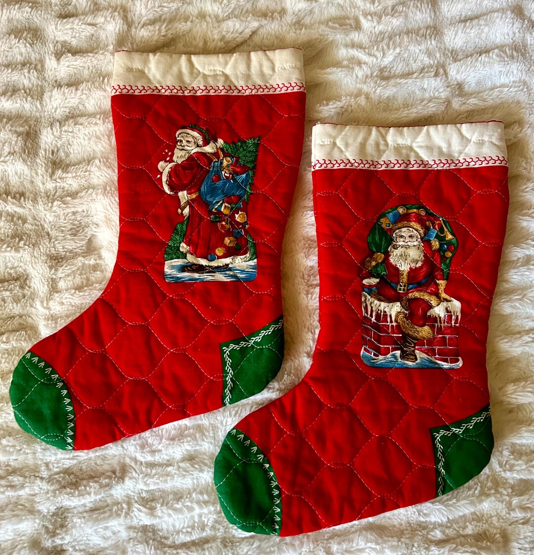 Pair Vintage Handmade Quilted Santa Christmas Stockings - Etsy
