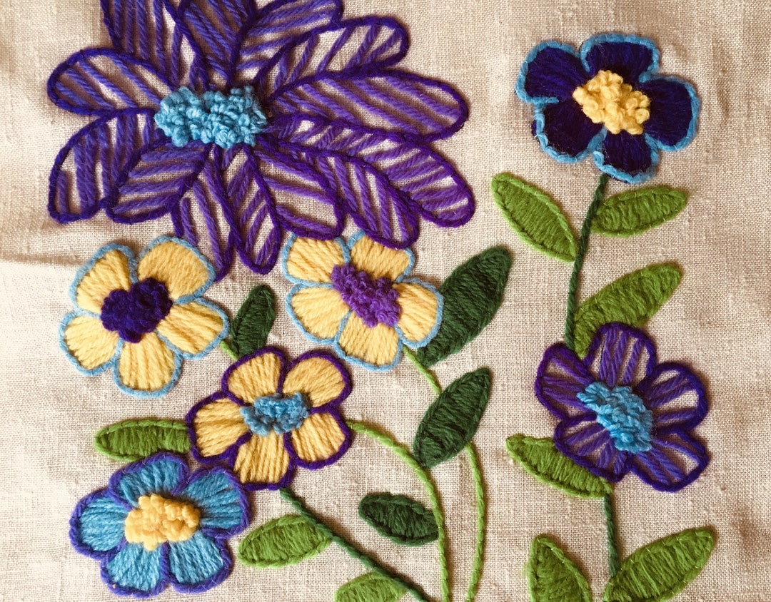 Vintage Hand Embroidered Purple Blue Yellow Green Flowers Floral ...