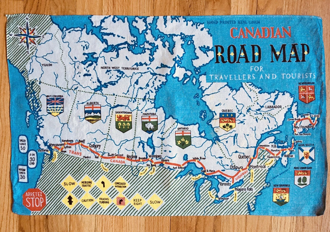 Vintage Canadian Road Map for Travellers and Tourist All Linen Souvenir ...