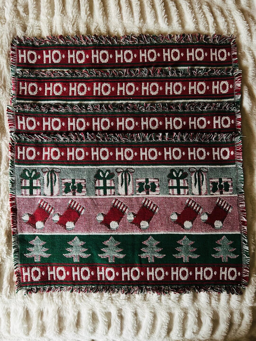 Set of 4 Vintage Christmas Tree Ho Ho Ho Stocking Gifts Woven Fringed ...