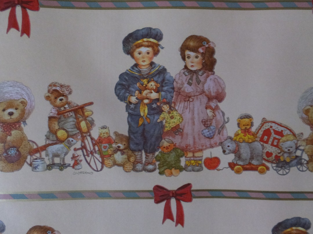 Vintage Christmas Victorian Children Boy Girl Toys Bear Bike Gift Wrap ...