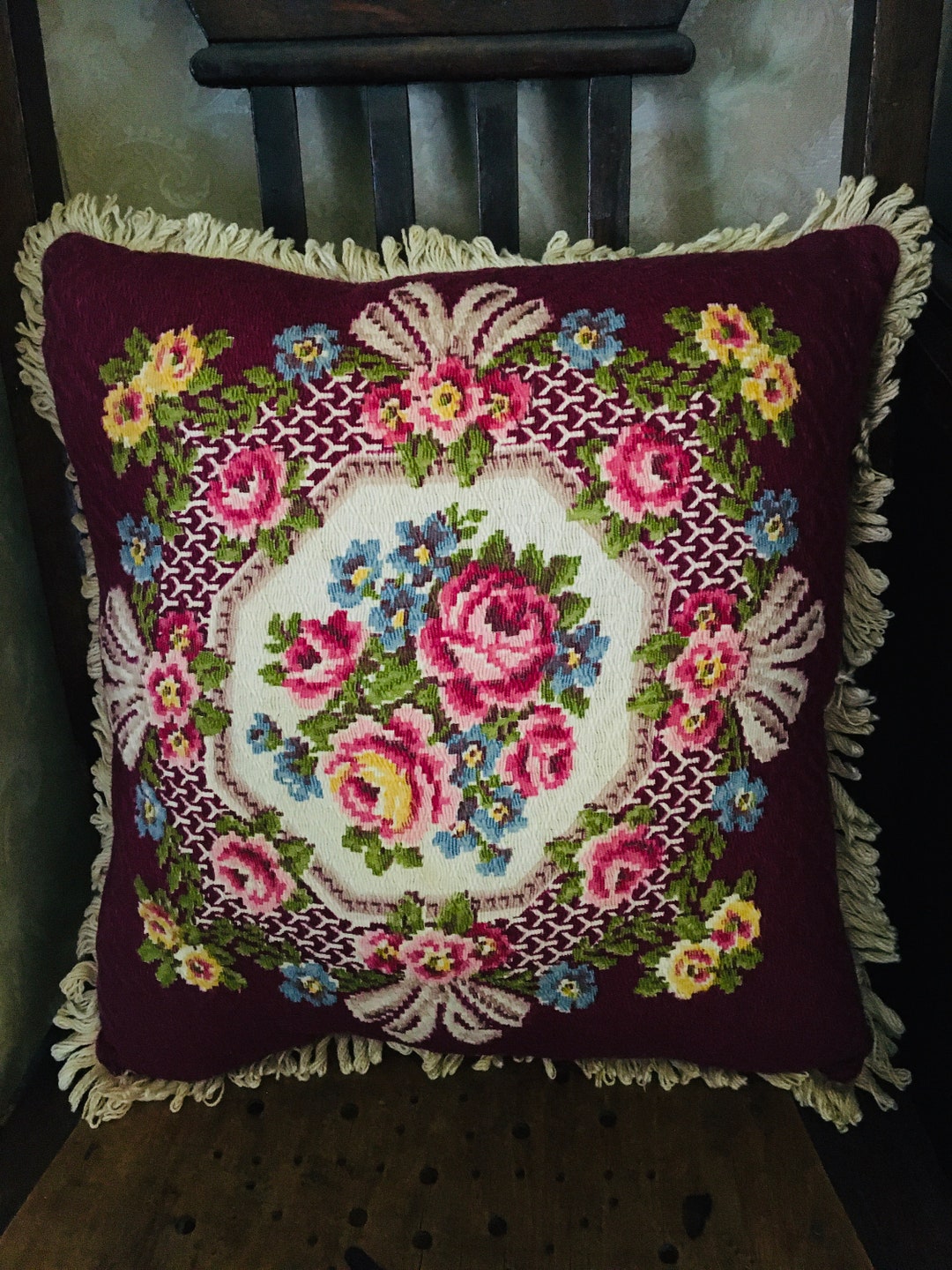 Vintage Handmade Victorian Cabbage Roses Pink Burgundy Antique Gold ...