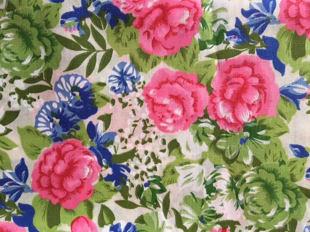 Vintage Pink Green Blue Cabbage Rose Floral Flower Garden Cotton Fabric ...
