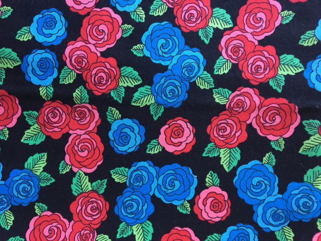 Vintage David Textiles Red Blue Rose Roses Black Background Cotton ...