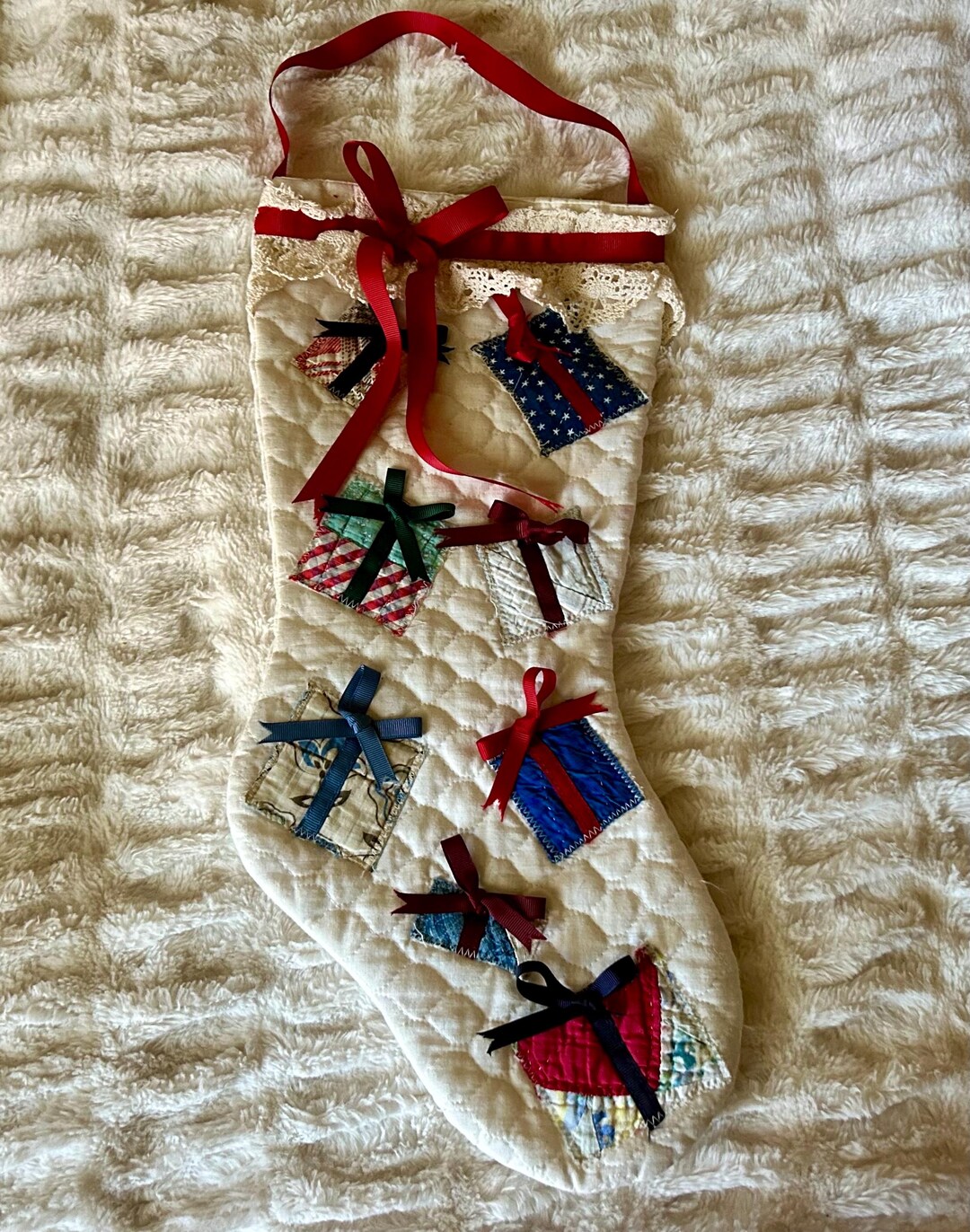 Vintage Handmade Patchwork Quilt Gifts Tied With Ribbons Lace Quilted ...