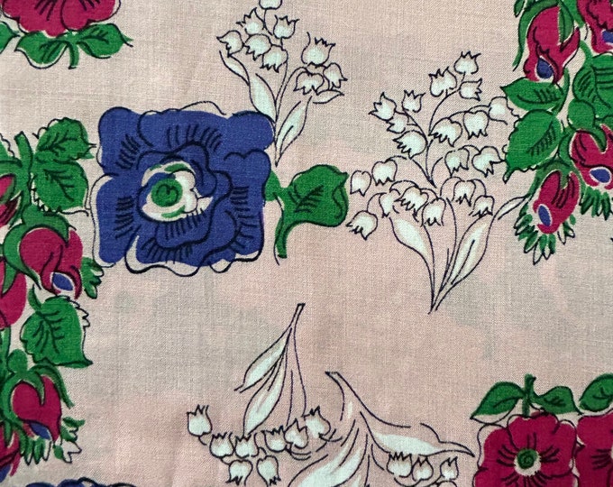 Vintage Periwinkle Blue Pink Roses Lily of the Valley Flowers Cottage ...