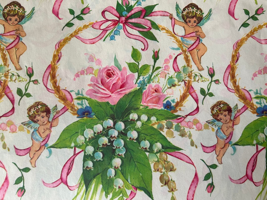 Vintage Angel Cherubs Pink Roses Lily of the Valley Bouquets Tied ...