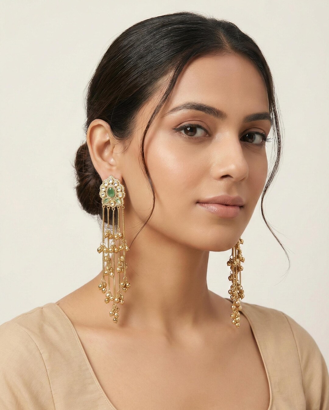 Long Gold Chain Earrings Green Stone Kundan Waterfall Dangle Indian ...