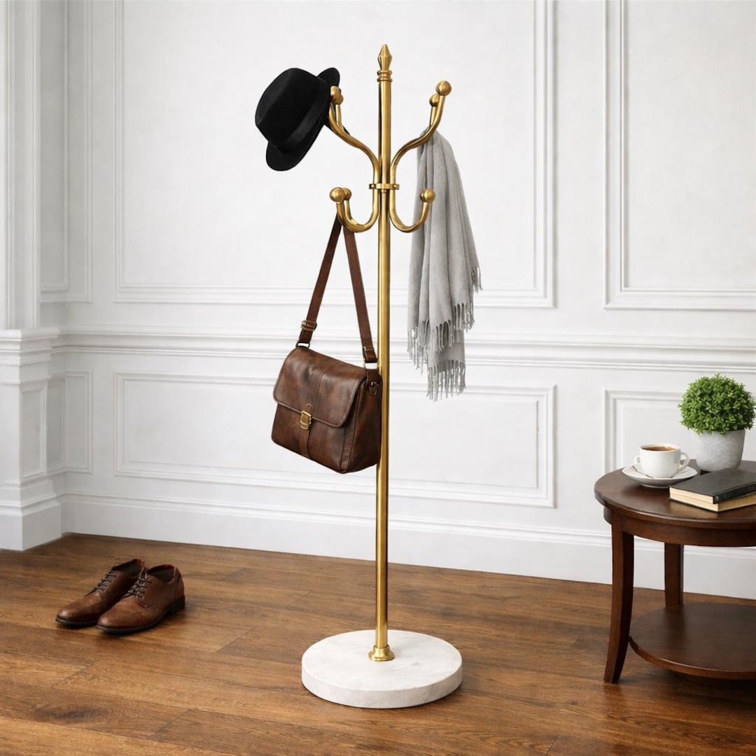 Brass Floor Coat Rack – Mid Century Marble Base Coat Stand – Luxury ...