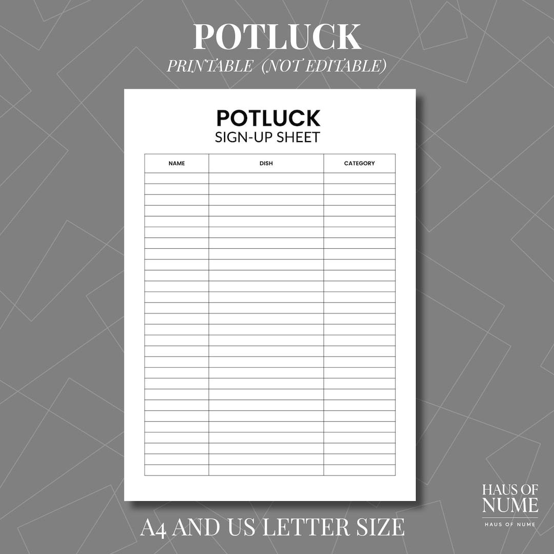 Potluck Sign up Sheet: Party Food Planner (printable PDF, A4 & US ...
