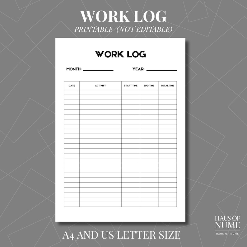 Printable Work Log Template: Productivity & Time Tracking (US Letter A4 ...