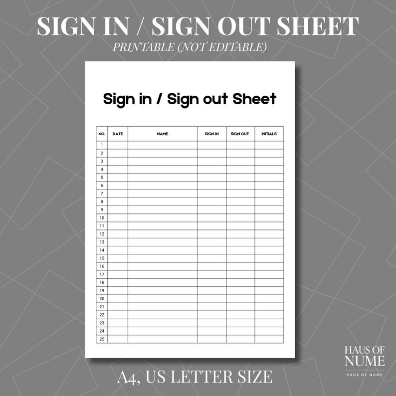 Printable Sign In/out Sheet: Attendance Log Template (A4 & US Letter ...